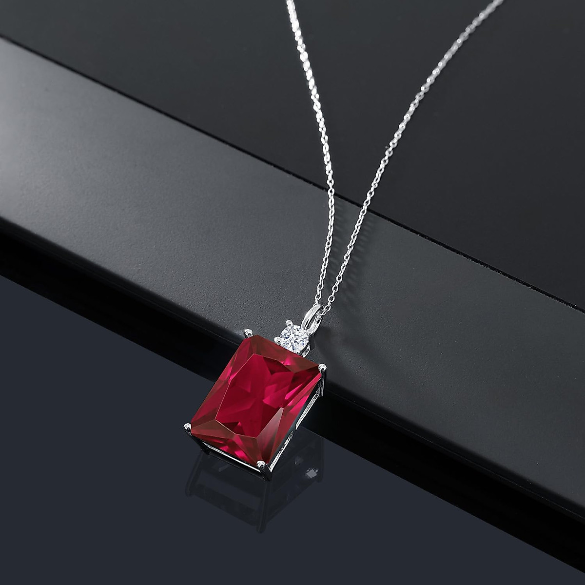 Gem Stone King 20.00 Cttw Red Created Ruby Pendant Necklace For Women In 925 Sterling Silver | Emerald Cut 18X13MM | With 18 Inch Silver Chain