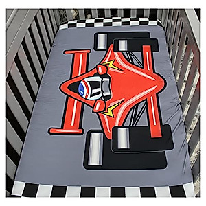 Dear Baby Gear Deluxe Crib Sheet, Racing Car with Driver and Checkered Flags, 28 x 52 x 10 Inches, Cotton Polyester