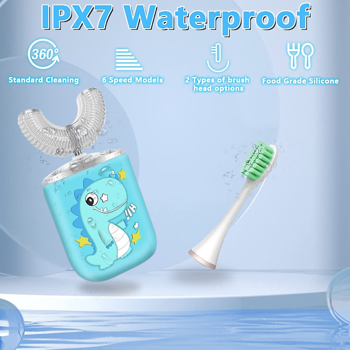 Kids U Shaped Toothbrush Dinosaur Electric Ultrasonic Automatic Brush with 6 Modes Replacement Brush Head IPX7 Waterproof Powered Smart Timer Auto Clean for Children 2-6 Years Old
