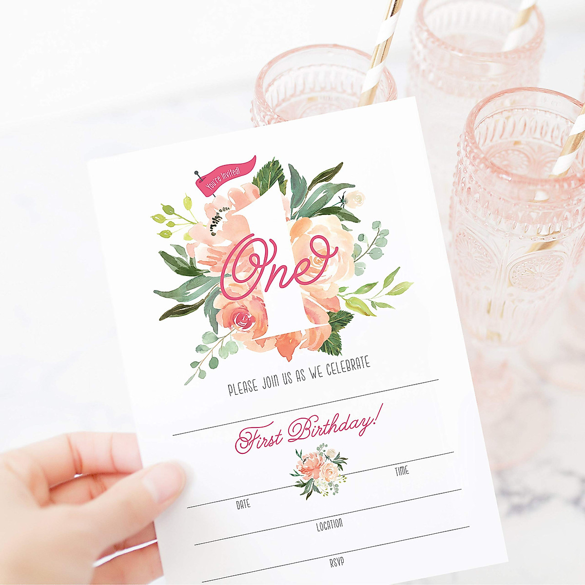 Bliss Collections Invitations with Envelopes for All Occasions, Invites Perfect for: Weddings, Bridal Showers, Engagement, Birthday Party or Special Event, Pack of 25 5x7 Cards - Pink Floral