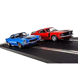 Scalextric American Street Duel 1970's Camaro vs. Mustang 1:32 Slot Car Race Track Set C1429T, Blue & Red