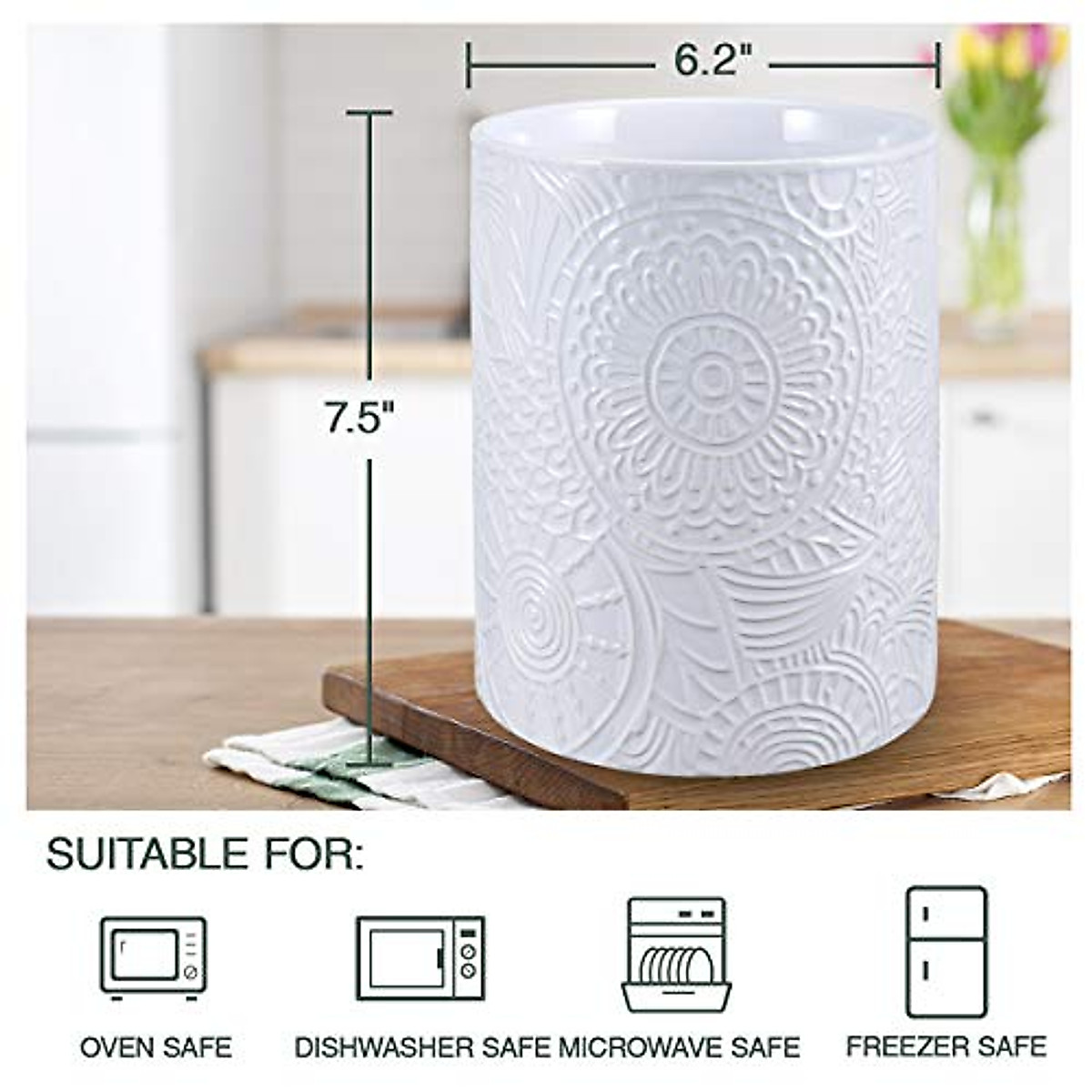 MEIGUI Ceramic Utensil Holder, 7.5 inch High Utensil Holder for Countertop, Modern Cooking Large Utensil Caddy, Durable and Stylish Kitchen Utensil Crock, Flower White