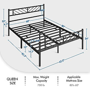 Yaheetech Queen Size Platform Bed Frame with Arrow Design Headboard, 13 Inches Metal Mattress Foundation for Storage, No Box Spring Needed, Easy Assembly, Modern, Black