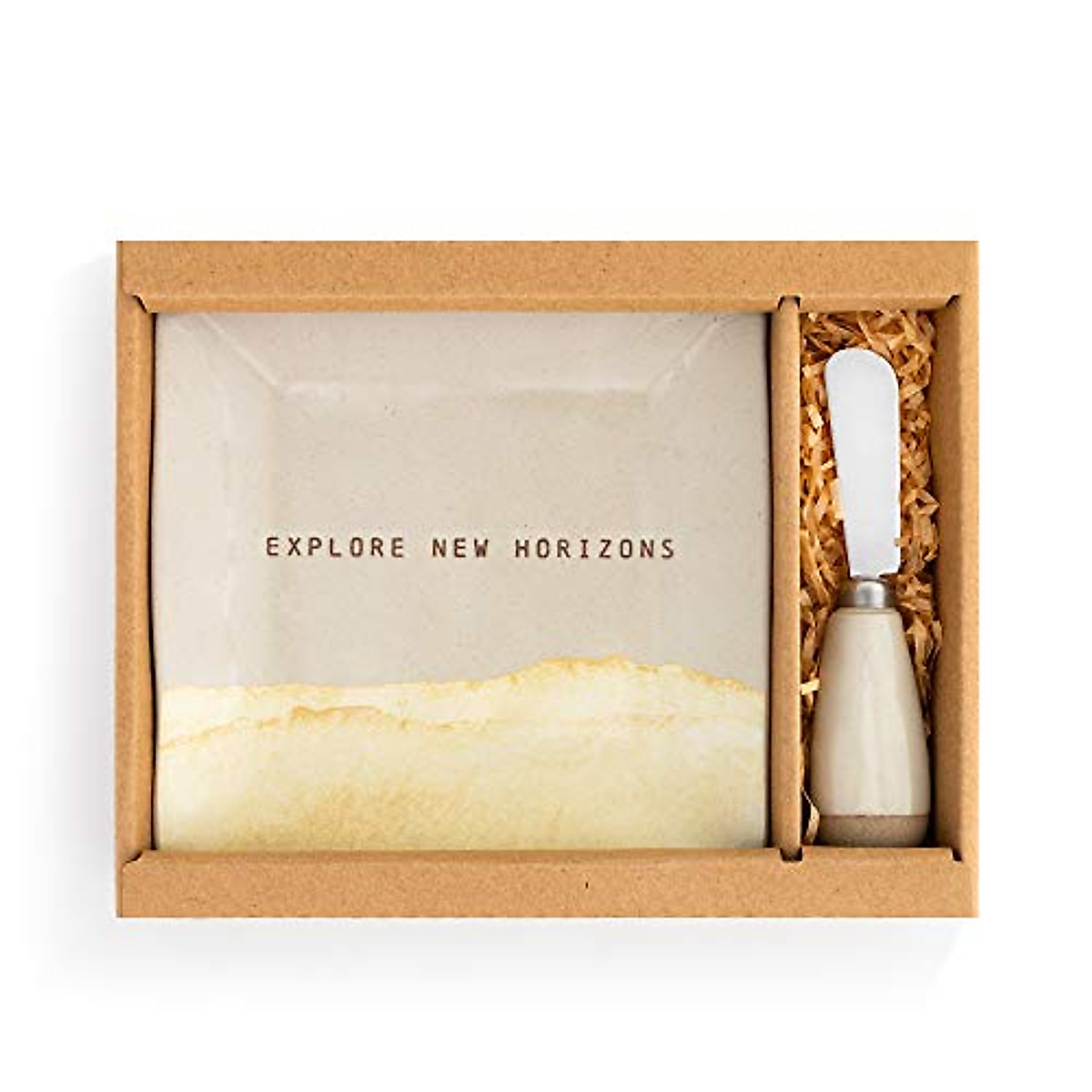 Demdaco Explore New Horizons Sandy Brown 6 x 6 Stoneware Decorative Serving Plate with Spreader