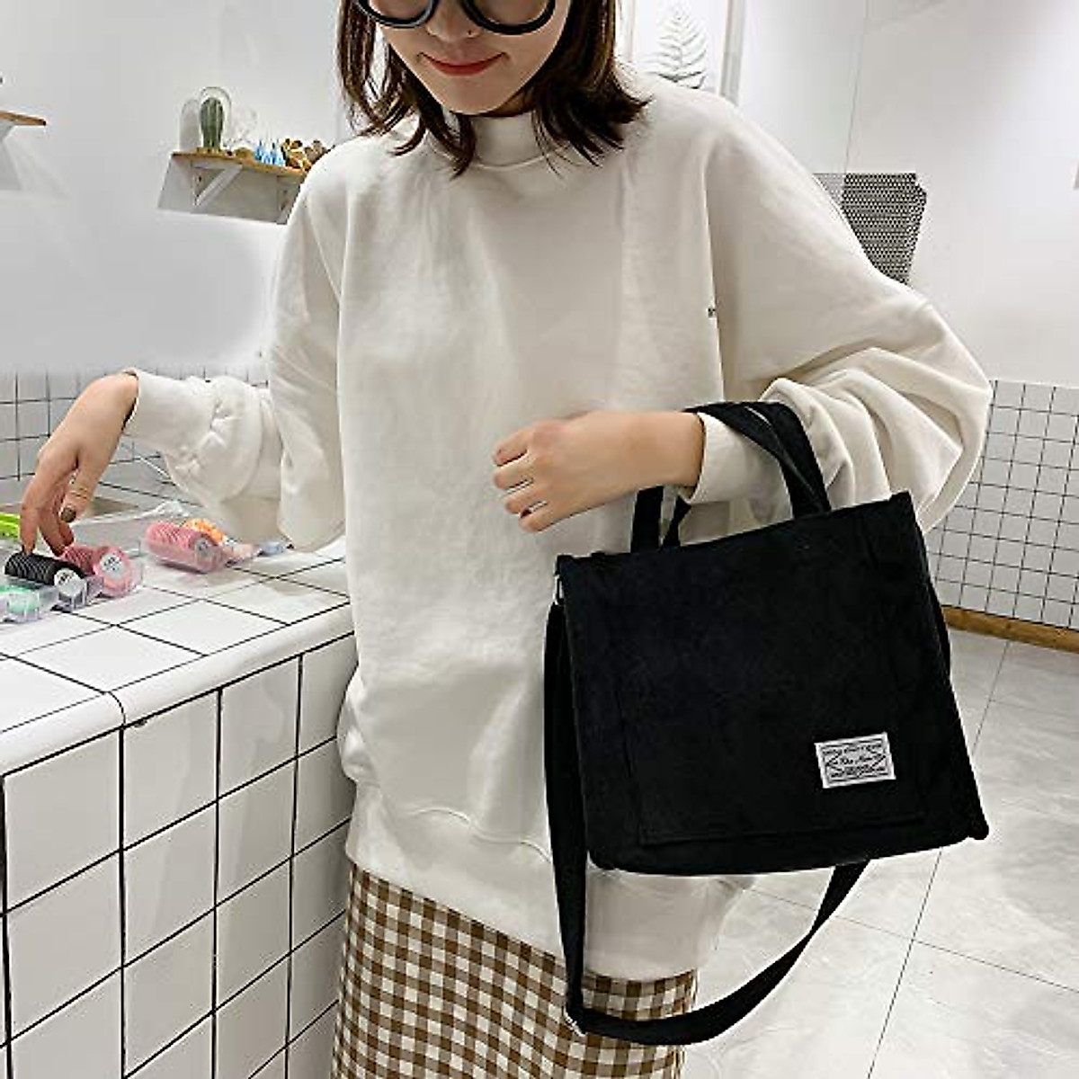 Tote Bag for Women - Fashion Letter Patch Corduroy Tote Bag Large Capacity Shoulder Crossbody Tote Handbag Hobo Bag