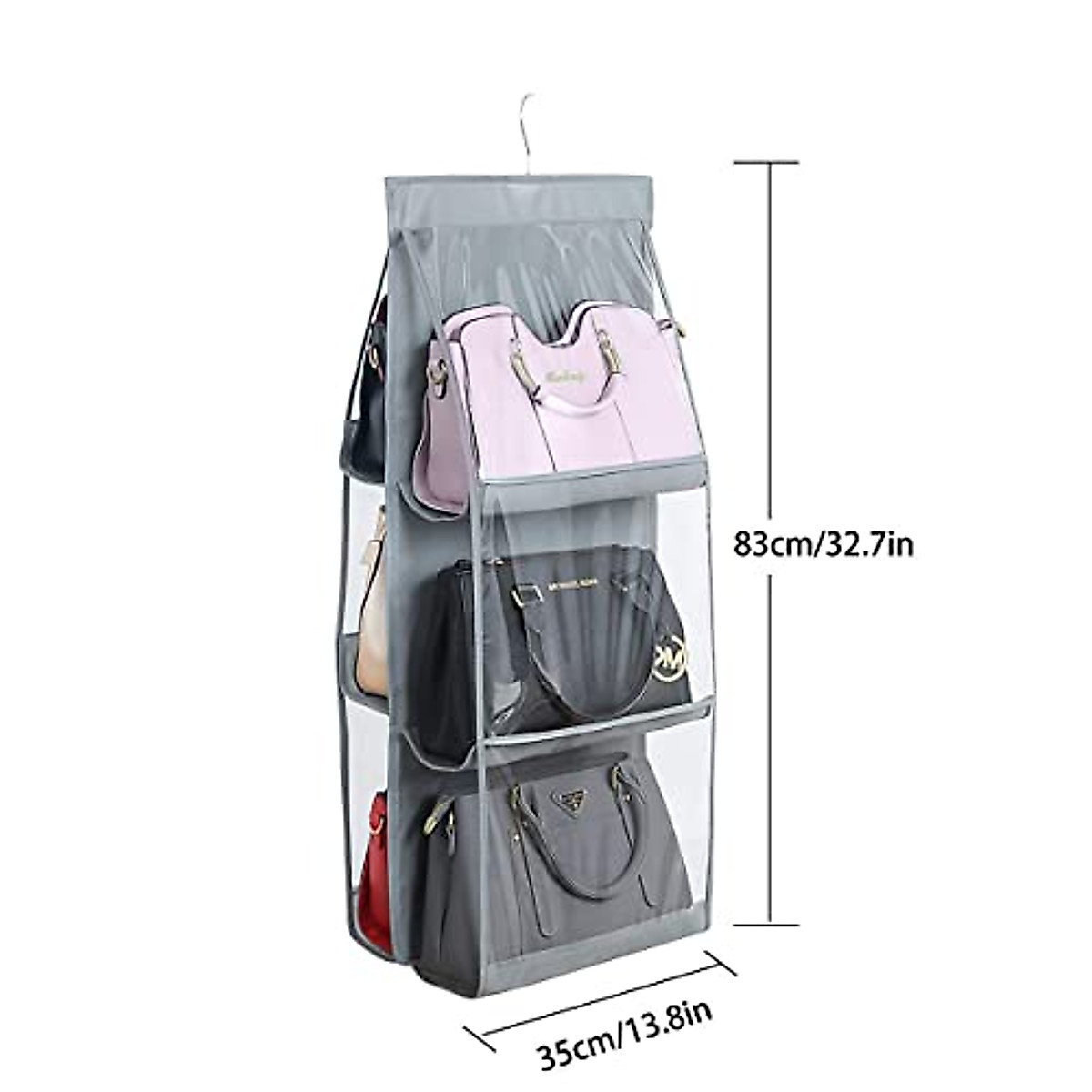 inheming Hanging Purse Handbag Organizer, Clear Dust Cover Space Saver Storage Holder Bag, 6 Pockets Wardrobe Closet Handbags Storage(Gray)