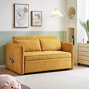 Convertible Sleeper Sofa Bed 3 in 1 Loveseat Couch Linen Small Sofa with Pull-Out Bed, Adjustable Backrest and Armrest, Futon Sofa with Side Pockets for Living Room Bedroom Apartment Small Space