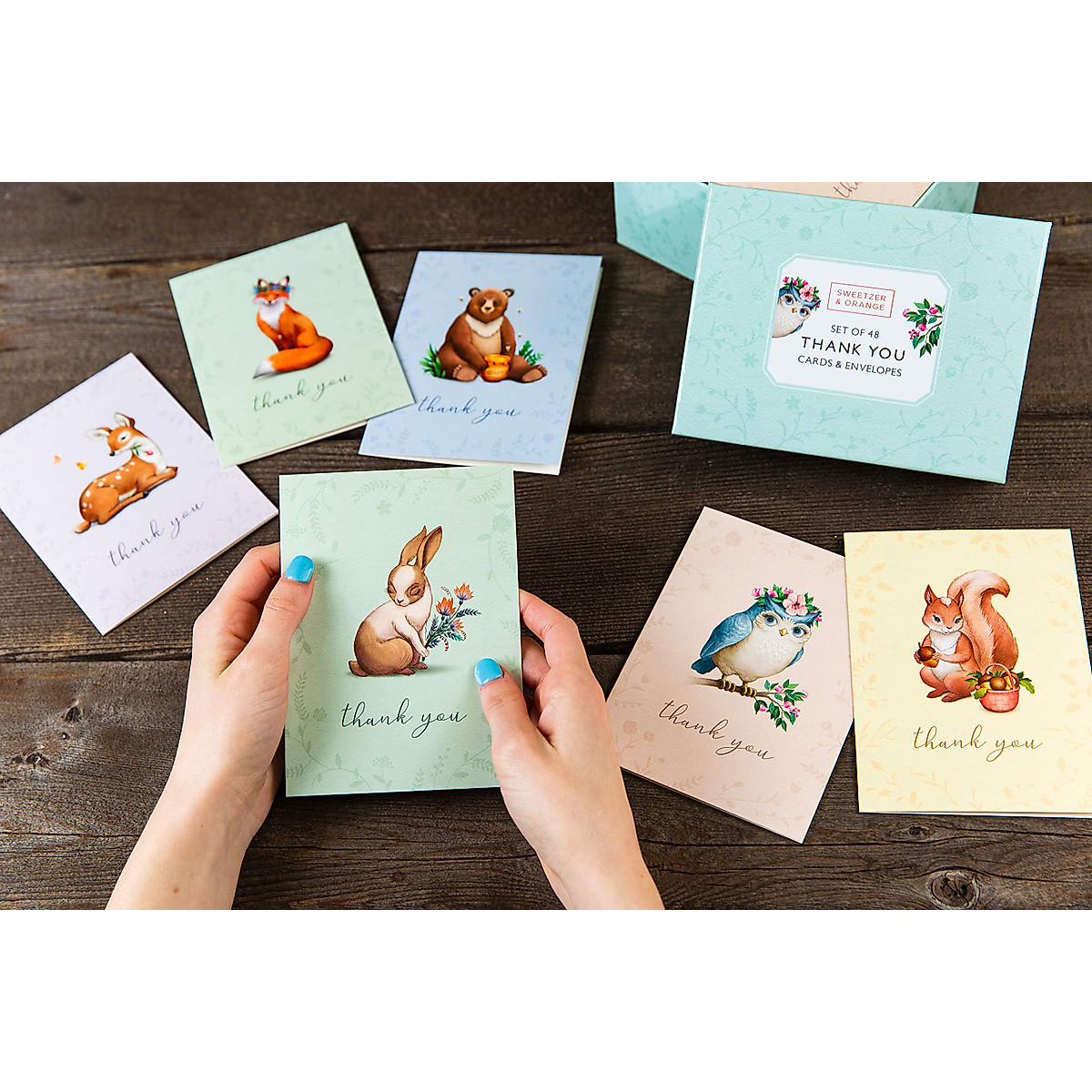 Sweetzer & Orange Woodland Animal Thank You Cards Bulk Box Set of 48 Blank Cards with Envelopes - Baby Shower Note Cards, Wedding Thank You Cards or Bridal Shower Thank you Card