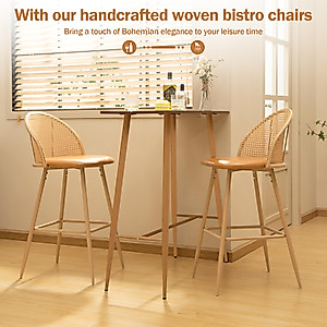 SICOTAS Rattan Bar Stools Set of 2 - Boho Counter Height Barstools - 29" Armless Bar Stools for Kitchen Island - Farmhouse Bar Stools with Back and Leather Cushion - Vintage Design Tall Kitchen Chairs