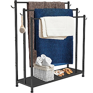 AnBaiMei Extra Large Free Standing Towel Rack with Metal Storage Shelf & 6 Hooks for Bathroom, 3 Tiers Heavy Duty Blanket Drying Stand Holder for Outdoor Pool, Bedroom, Living Room, Black