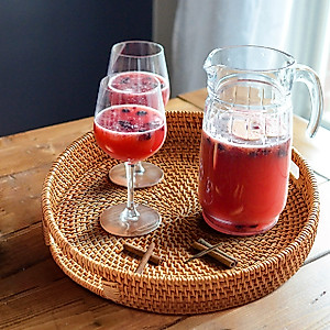 ANKUR Round Rattan Serving Tray with Handles- Decorative Woven Ottoman Trays with Handle,Coffee Table Basket,Natural Basket Wave Tray, Bathroom Decor (L- 13.7 Inch & M- 11.8 Inch)