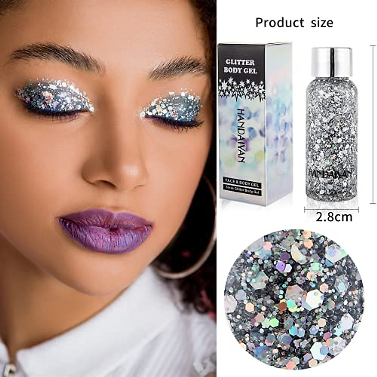 Body Glitter Holographic Glitter Liquid for Festival Make Up,Face Glitter Sequins Chunky for Hair and Eyeshadow Long-Lasting No Glue Needed and Easy to Remove.