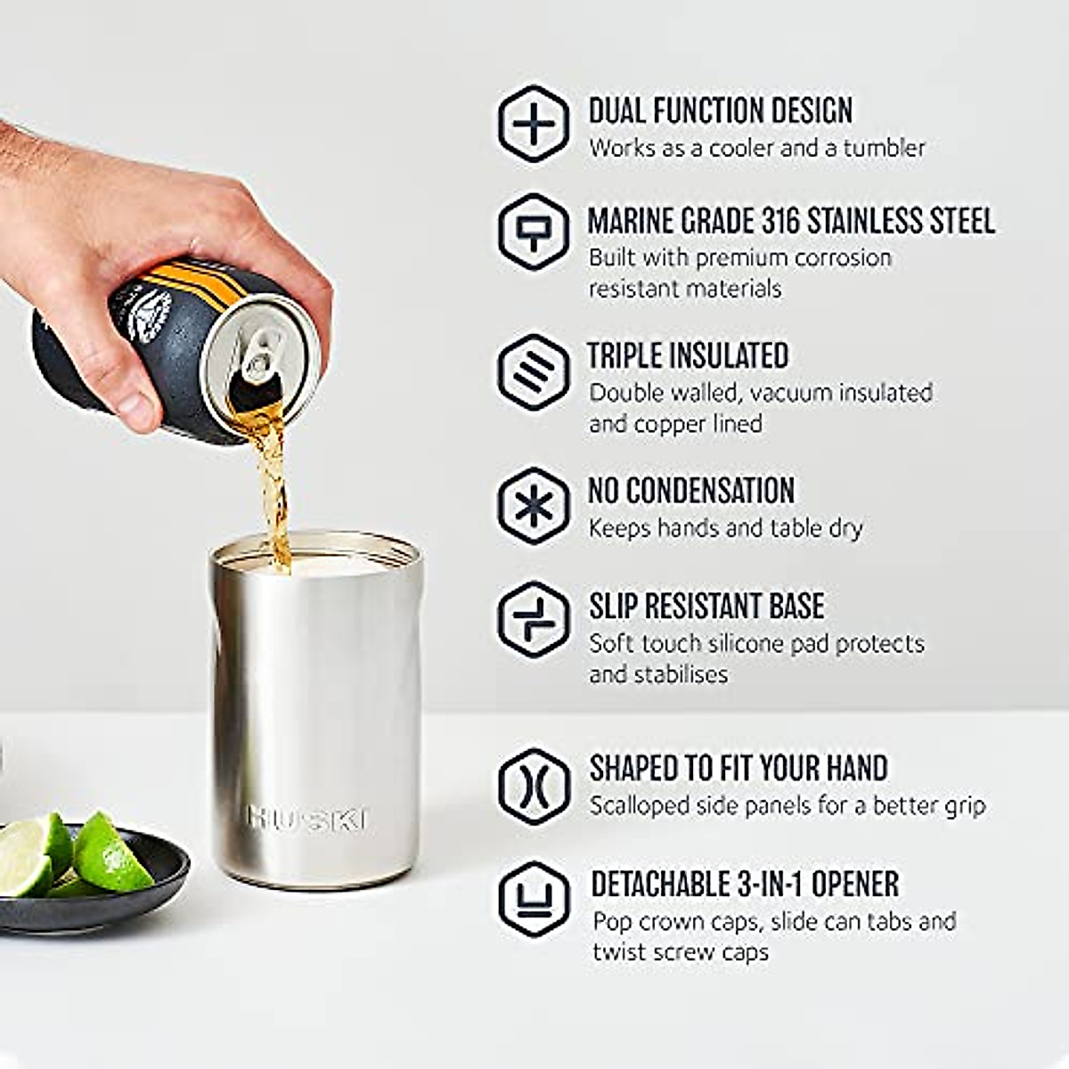 Huski Beer Cooler 2.0 | NEW | Premium Can and Bottle Holder | Triple Insulated Marine Grade Stainless Steel | Detachable 3-in-1 Opener | Works as a Tumbler | Best Gifts for Beer Lovers (Stainless)