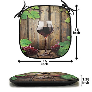 Lunarable Winery Chair Cushion Pads Set of 4, Wine Glasses and Grapes Rustic Wood Planks Alcoholic Drink Gourmet Taste, Anti-Slip Seat Padding for Kitchen & Patio, 16"x16", Brown Green Burgundy