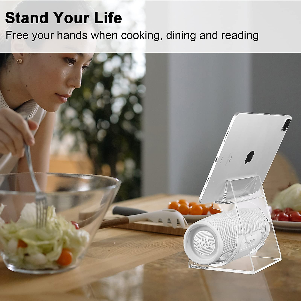 TXEsign Acrylic Table Stand Speaker Holder for JBL Charge 3/JBL Charge 4/JBL Charge 5/iPhone Smartphone, Clear Desktop Stand Holder for JBL Bluetooth Speaker and Smartphone (Transparent)