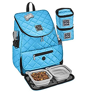Mobile Dog Gear, Dog Travel Bag, Deluxe Quilted Weekender Backpack, Includes Lined Food Carriers and 2 Collapsible Dog Bowl, Light Blue