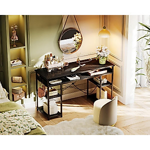 AODK 48 Inch Small Computer Desk with Power Outlets & Type-C, Writing Desk with Storage Shelves Headphone Hook, Student Laptop PC Desks for Small Spaces Home Office, Kids Desk, Black