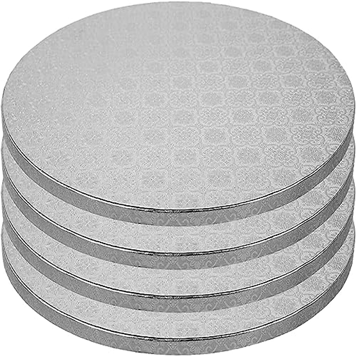 Cake Boards (4 Pack, 12 inch, Silver), Reusable Round Cake Drums for Showstopping Desserts, Heavy-Duty Disposable Cardboard Cake Bases W/Elegant Patterns, Cake Decorating Supplies by PixiPy