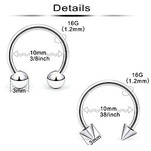 Ftovosyo 40Pcs 16G Surgical Steel Nose Septum Rings Piercing Jewelry Horseshoe Cartilage Helix Tragus Earring Hoop Eyebrow Lip Hoop Retainer for Women Men 10mm 3/8 Inch Silver Black