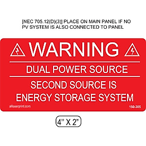 Photovoltaic Labels for PV Solar System_"Warning_Dual Power Source_Second Source is Energy Storage System" _4" x 2" _Pack of 12