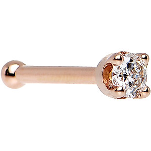 Solid 14k Rose Gold 2mm Cubic Zirconia Nose Stud Bone 20 Gauge 1/4"
