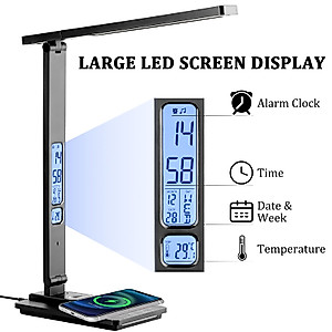 Dott Arts LED Desk Lamp with Wireless Charger, Touch Control Study Lamp with USB Charging Port, Table Lamp with Clock, Alarm, Date, Temperature, Office Lamp, Desk Lamps for Home Office,Black