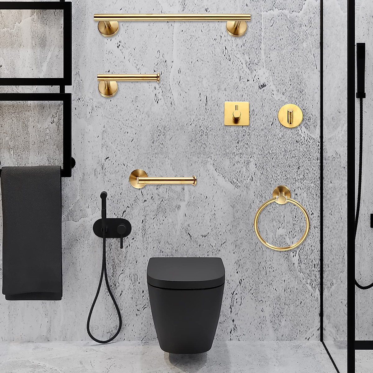 10 Pcs Matte Bathroom Hardware Set SUS304 Bathroom Hanger Set 16 Inch Hand Towel Bar Towel Holder Toilet Paper Holder Angled Hook 2 Robe Towel Hooks Wall Mounted Bathroom Accessory (Gold)