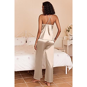 Ekouaer Pajamas for Women Silk Cowl Neck Cami Top Wide Leg Long Pants Set Satin Pjs Sleepwear 2 Piece Lounge Set Champagne,Large