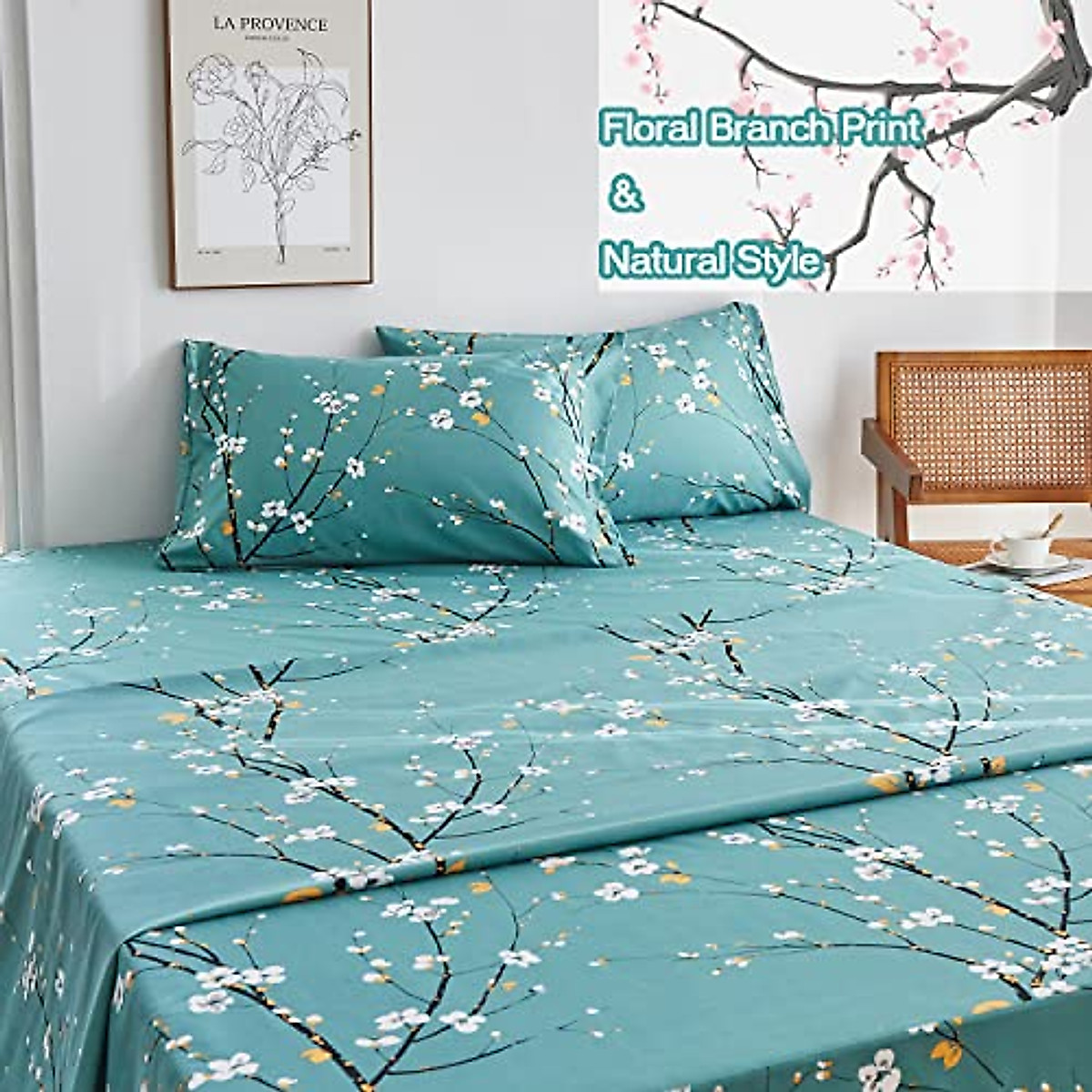 ZRNBAST Teal Sheet Set 4 Pcs Full Sheet Set Floral Print Flat Sheet Fitted Sheet Farmhouse Shabby Bedding Sheets Easy Fit Microfiber Sheets-All Seasons (Teal, Full)