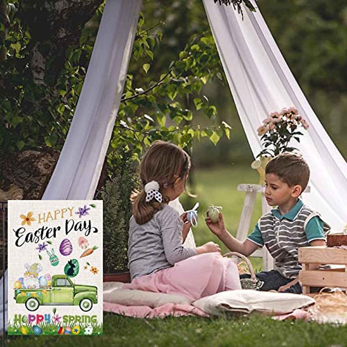 Happy Easter Day Garden Flags, Gnome Eggs Truck Vertical Double Sized Burlap Flag for Spring House Yard Outdoor Decor 12.5 x 18 Inch (Multi)