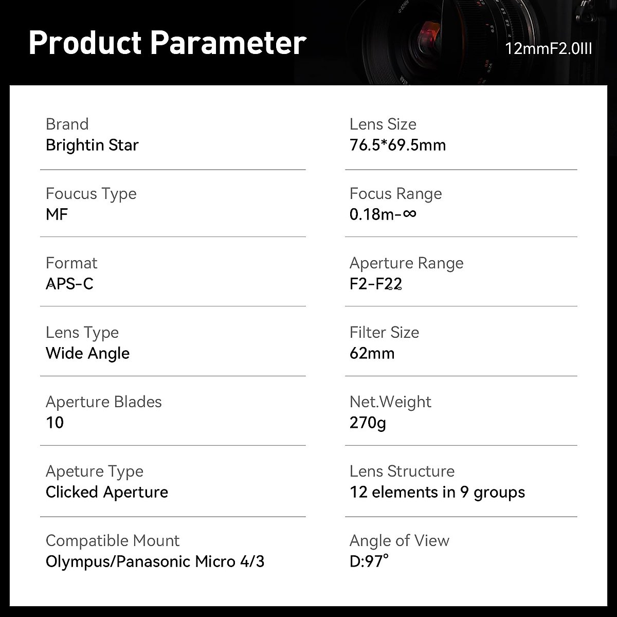 Brightin Star 12mm F2 Manual Focus Prime Lens for Panasonic Olympus Micro 4/3 Mirrorless Cameras, MFT APS-C Ultra-Wide Angle Large Aperture, Fit for LUMIX G7, G7KS, GX85, GX9, G95, GH5, GH6, G100, G9