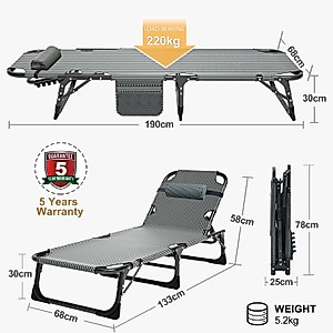 MOPHOTO Folding Lounge Chair 5-Position, Folding Cot, Portable Outdoor Folding Chaise Lounge Chair for Sun Tanning, Perfect for Pool Beach Patio Sunbathing