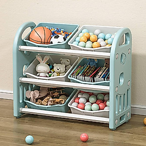 Yone jx je Kids Toy Storage Organizer with 6 Bins, Multi-Functional Nursery Organizer Kids Furniture Set Toy Storage Cabinet Unit with HDPE Shelf and Bins for Playroom, Bedroom, Living Room (Blue)