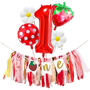 Strawberry Berry First Birthday High Chair Banner Party Supplies Kit: Sweet First Birthday Banner One Balloon Strawberry Daisy Balloons Smash Cake Decoration Photo Prop Gifts For Kids Girls