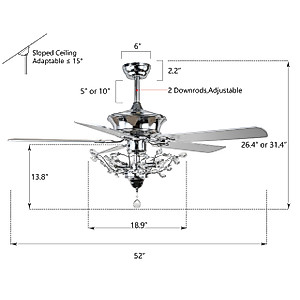 Bella Depot 52-in Chrome Branches Crystal Ceiling Fan, Remote Control, Reversible Motor & 5 Wood Reversible Blades, K9 Crystal Pendant, Chrome Finish (Chrome)