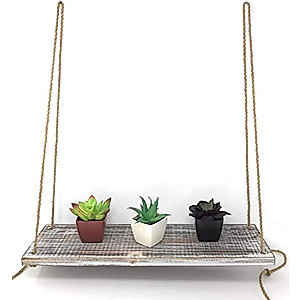 MtnGift Farmhouse Boho Rustic Rope Hanging Shelf - Floating Wooden Decorative Wall Swing Shelves (Set of 3)