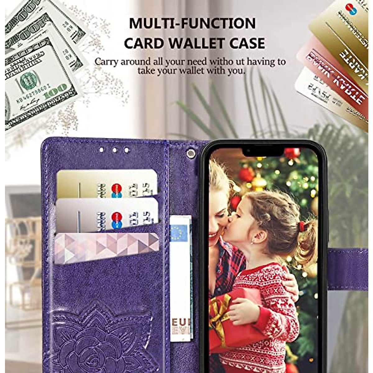 KRHGEIK Designed for iPhone 13 Mini Wallet Case,Women Flip Folio Cover with Butterfly Embossed PU Leather Kickstand Credit Card Holder Slots Wrist Strap Phone Case for iPhone 13 Mini 5.4" (Purple)