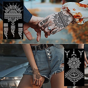 QSTOHENA Pack of 12 Henna Temporary Tattoo Stencil Kit - 145Pcs Glitter Airbrush Tattoo Sticker Indian Arabian Black Henna Tattoo Temp for Women Kids