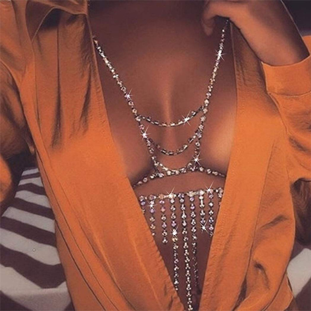 TWINKLEDE Rhinestone Body Chain Silver Bra Chest Chain Crystal Harness Body Acessories for Women and Girls