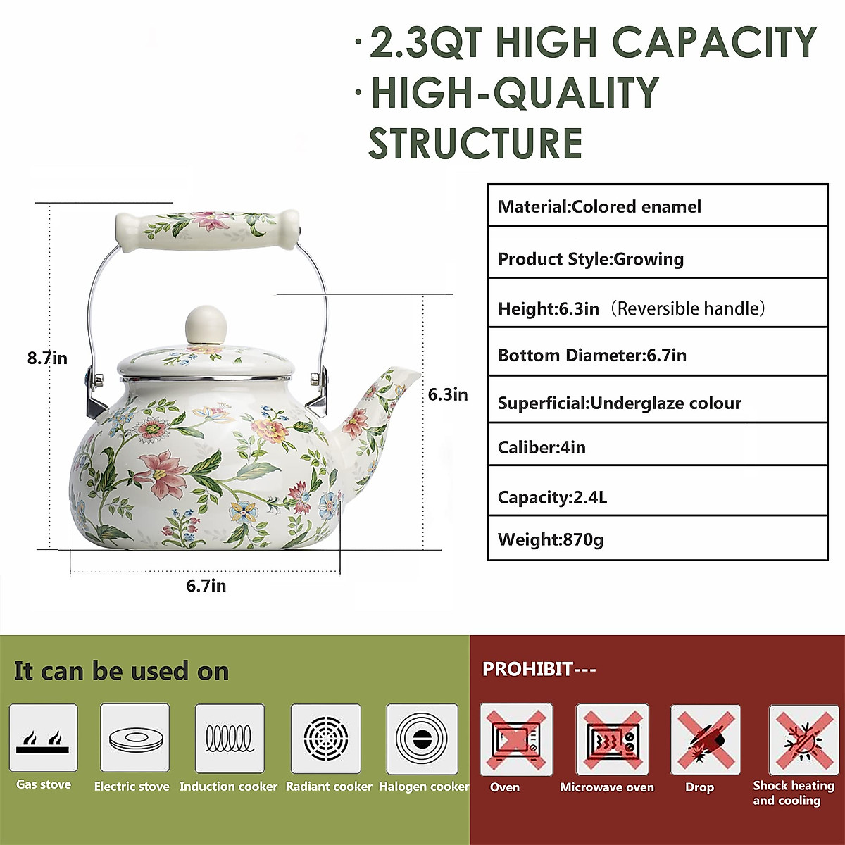 OLYTARU Enamel Teapot floral,Large Porcelain Enameled Teakettle,Colorful Water Tea Kettle pot for Stovetop,Small Retro Classic Design (style01 Growing)