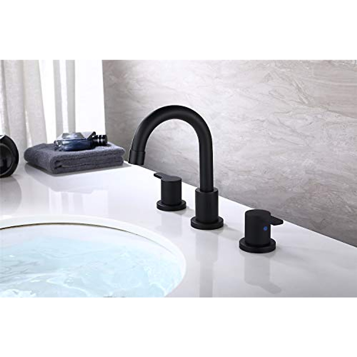 RKF Bathroom Faucets for Sink 3 Hole Matt Black 8 inch Widespread Bathroom Sink Faucet with Drain Double Lever Handle Faucet Bathroom Vanity Faucet Basin Mixer Tap Faucet with Hose&Deck WF015MB