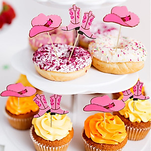 60 Pieces Cowboy or Cowgirl Hat and Boot Cupcake Toppers Western Birthday Cake Decorations Rodeo Cupcake Picks Baby Shower Toothpicks for Western Theme Party Favors Supplies (Pink)