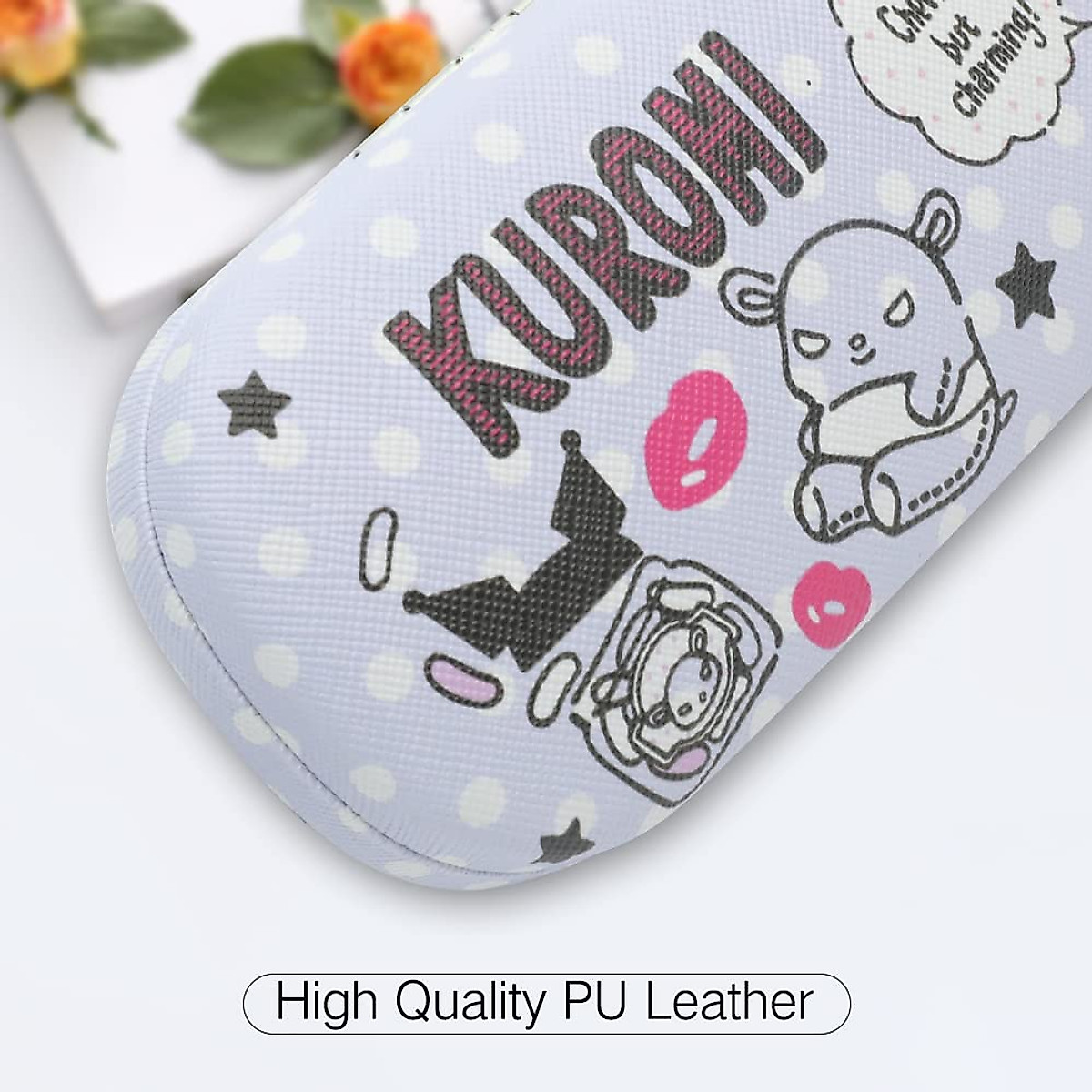 PERFECTSIGHT Hard Shell Eyeglasses Case, PU Leather Protective Glasses Case, Cute Cartoon Surface Eyeglass Case for Women Girls (Blue Kurom)