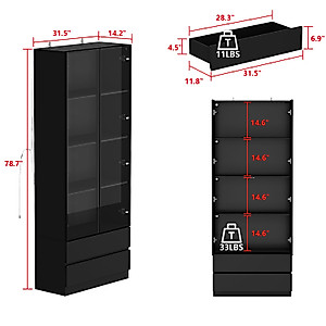 Homsee Bookcase Bookshelf with 4-Tier Shelves, Glass Doors, Drawers and LED Lights, Wooden Display Storage Cabinet for Home Office, Living Room, Black (31.5”W x 14.2”D x 78.7”H)