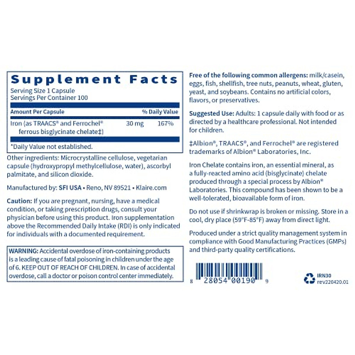 Klaire Labs Iron Bisglycinate Chelate Supplement - 30mg Ferrous Bisglycinate Chelate - Designed to be Well-Tolerated, Well-Absorbed & Gentle on Stomach - Hypoallergenic (100 Capsules)