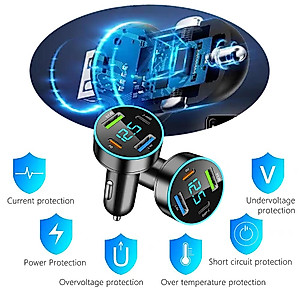 4-in-1 Fast Car Charger,PD/QC3.0/Type C Car Charger Fast Charging,Universal Car Phone Charger Cigarette Lighter USB Charger with Blue LED & Voltmeter for Car Truck SUV (QC3.0+Type-C+PD+2.4A)