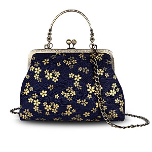 Abuyall Floral Top Handle Handbag Chain Strap Women Kiss Lock Canvas Frame Shoulder Bag Royal