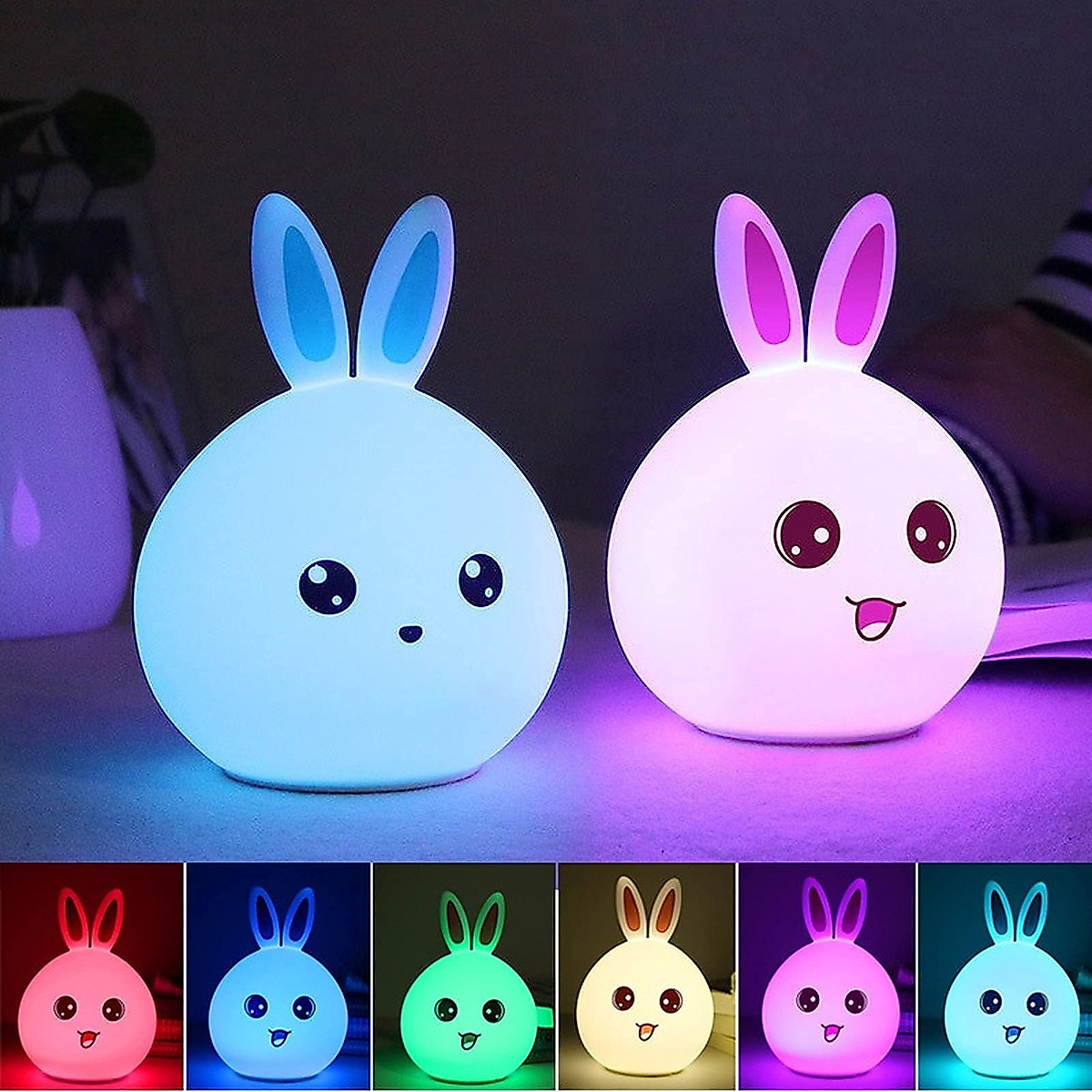 Cute Silicone Rabbit Night Light, USB Rechargeable Rabbit LED Soft Silicone Touch Sensor Bedside Pat Lamp for Children Baby Kids Gift Room Decor Lamps