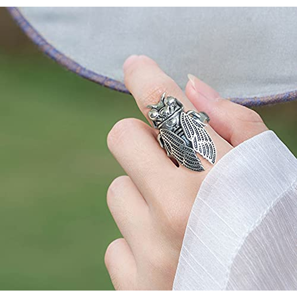Helen de Lete Vintage Cicada S925 Sterling Silver Adjustable Ring For Men and Women