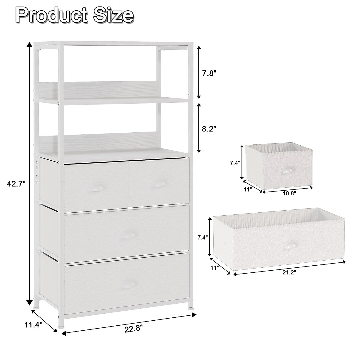 Furnulem White Dresser with 4 Fabric Bins, Tall Storage Tower with 3-Tier Shelf Vertical Standing Chest Organizer for Closet,Laundry,Bedroom,Living Room,Entryway (White)
